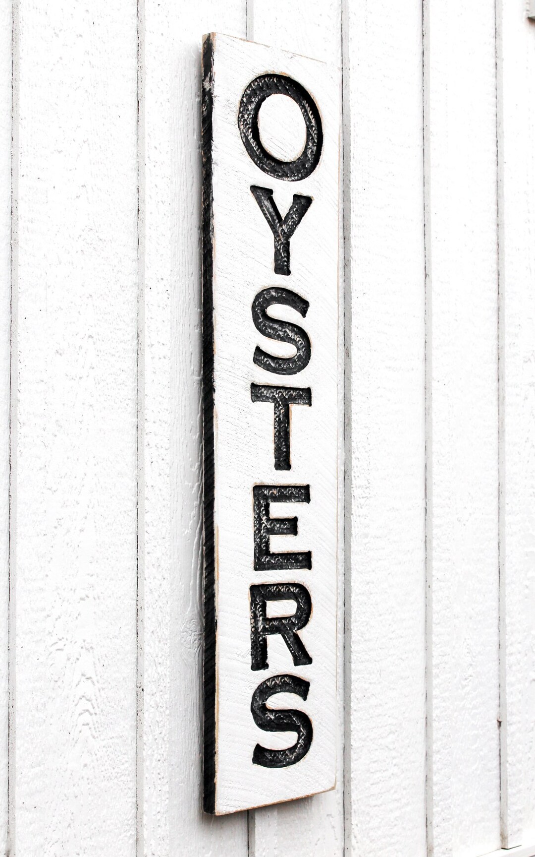 Oysters Sign Vertical - Carved in a Solid Wood Board Rustic Distressed ...
