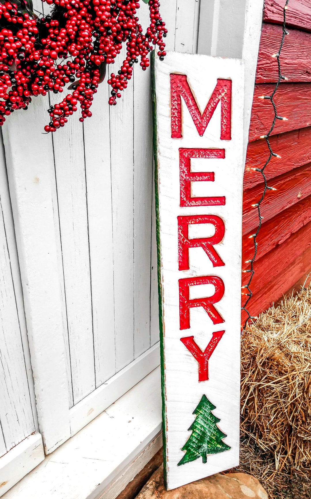 Merry Sign | Carved in Solid Wood | Rustic Distressed Finish ...