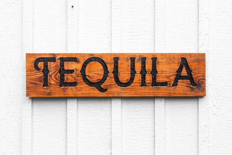 Tequila Sign - Carved in 32"x 8" Solid Wood Board Rustic Distressed ...