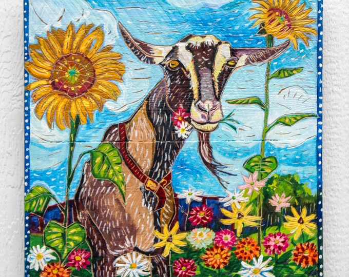 Goat in the Summertime Wall Art by Kim Mccoy - Wood Folk Art Painting ...