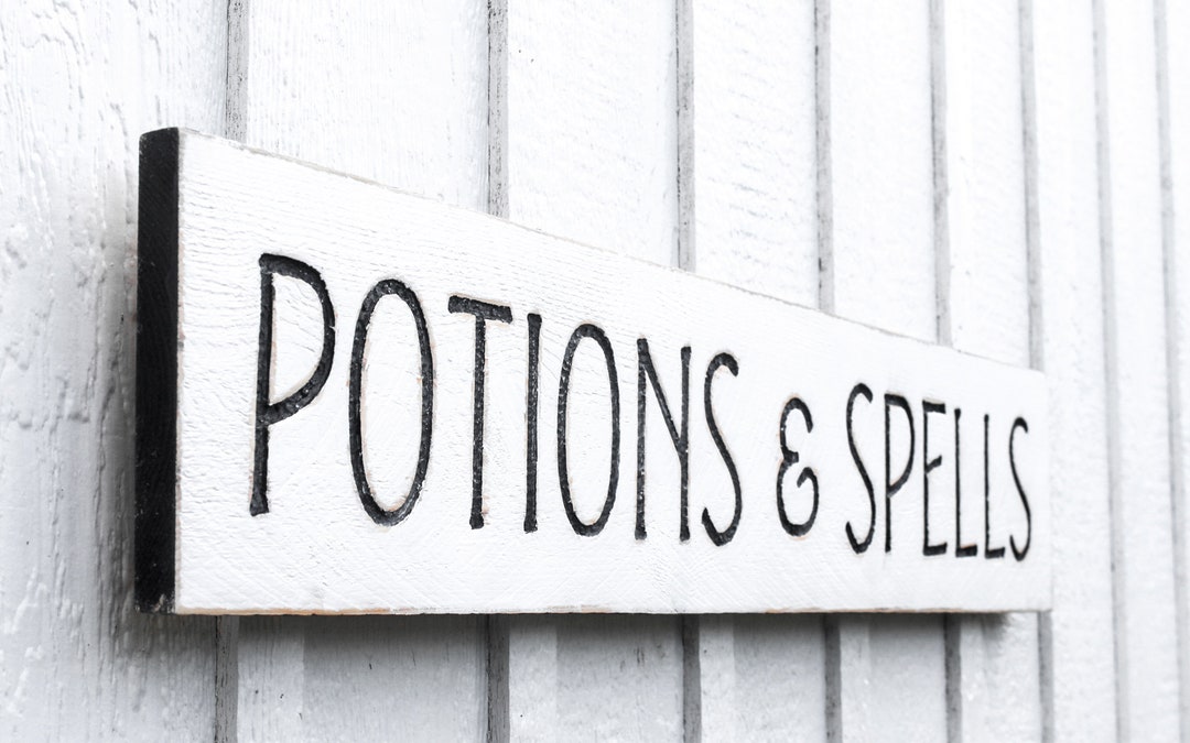 Potions & Spells Sign | Carved in Solid Wood | Rustic Distressed Finish ...