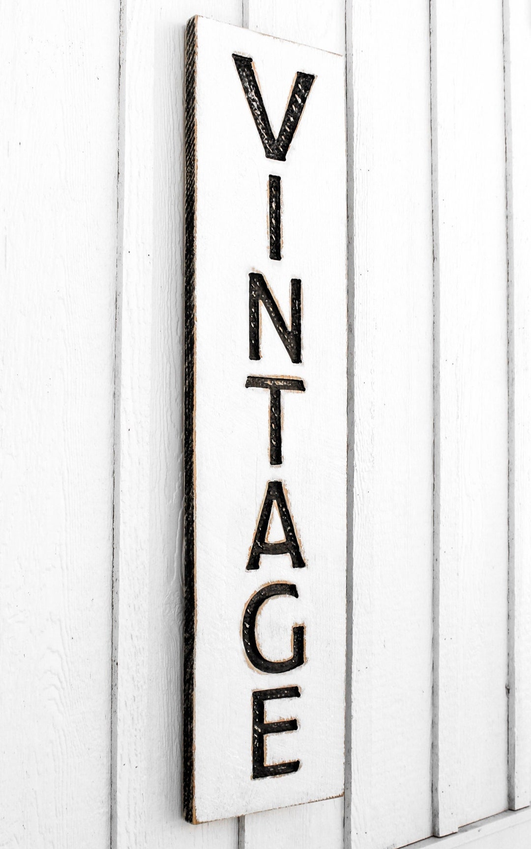 Vintage Sign Vertical - Carved in a Solid Wood Board Rustic Distressed ...