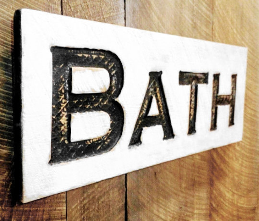 Bath Sign Horizontal - Carved in a 24"x10" Solid Wood Board Rustic ...