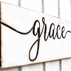 Grace Sign - Carved in a 30”x10” Solid Wood Board Rustic Distressed ...