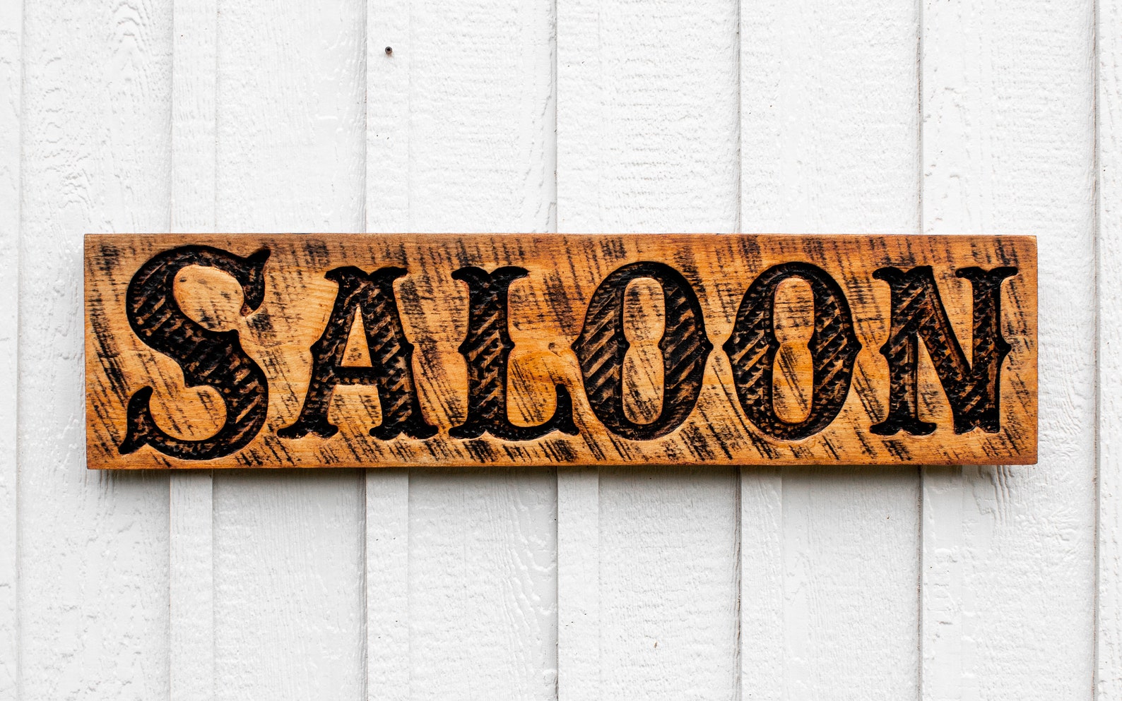 Saloon Sign Carved in a Solid Wood Board Rustic Distressed - Etsy