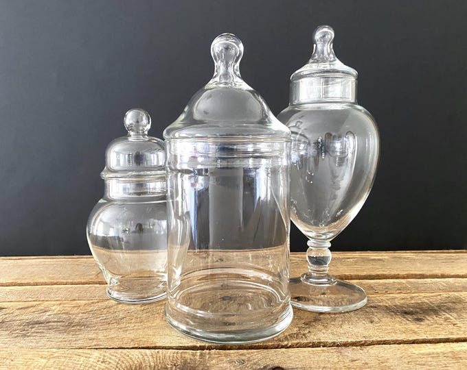 3 Vintage Clear Glass Candy Jars/qtip Jars/cotton Ball Jars/cloche ...