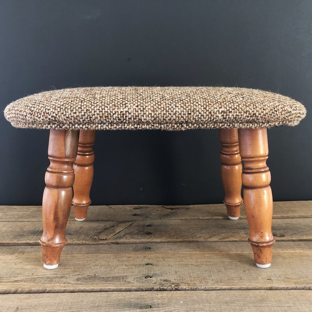Vintage Tweed Fabric Turned Wood Four-legged Foot Stool - Assembly ...