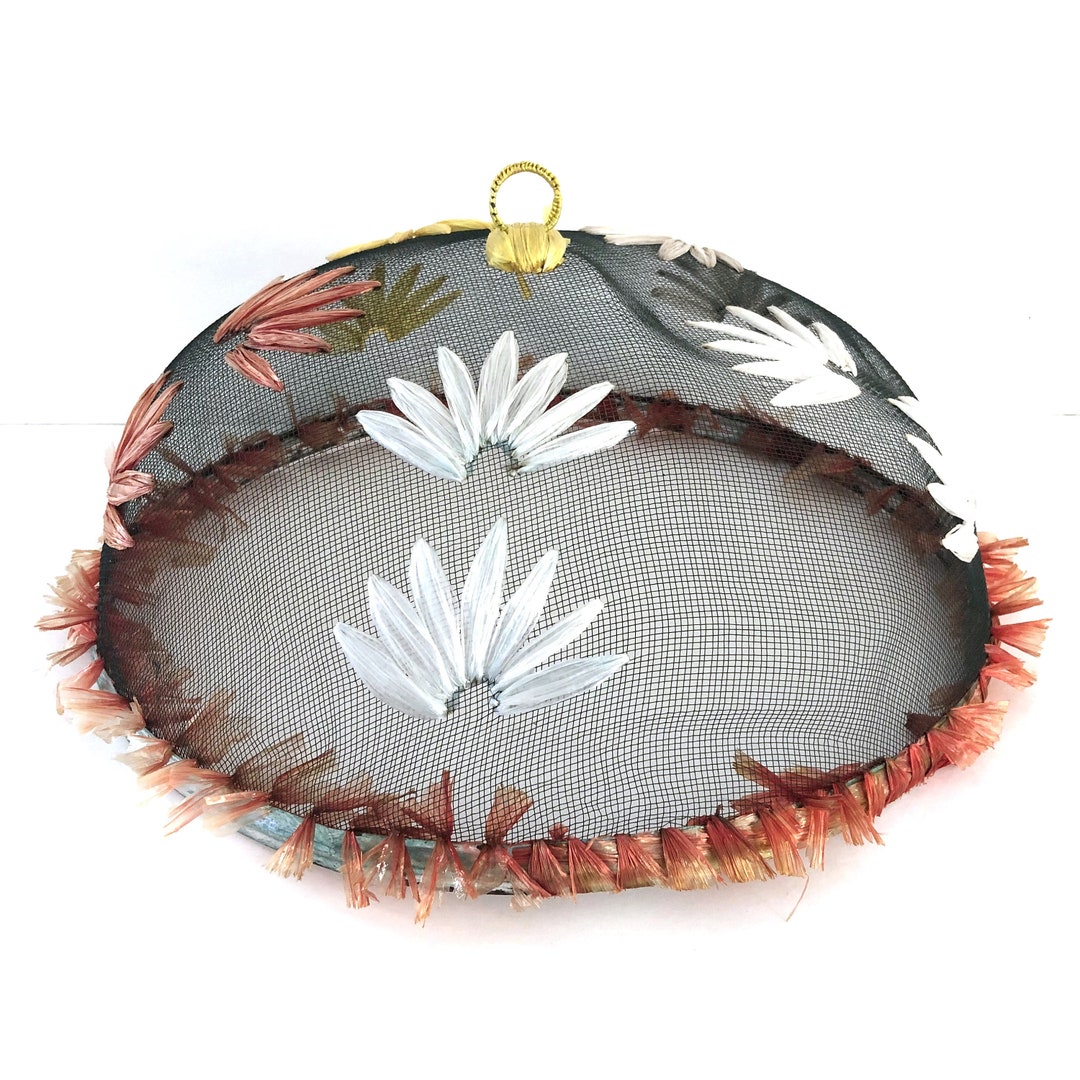 Vintage Dome Metal Screen Raffia Embroidered Floral Food Cover - READ ...