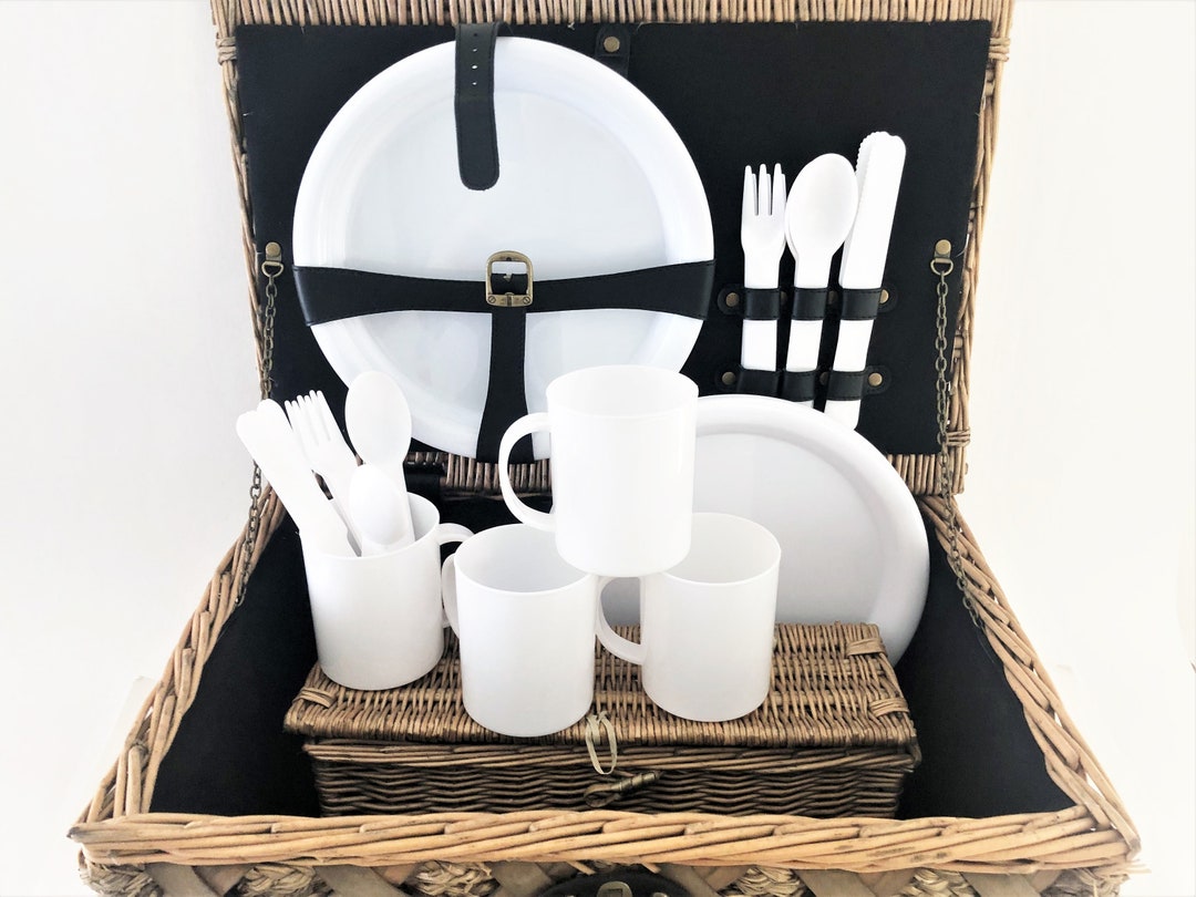 Pier 1 Woven Wood Picnic Basket With Basket Insert, Plasticware Set of ...