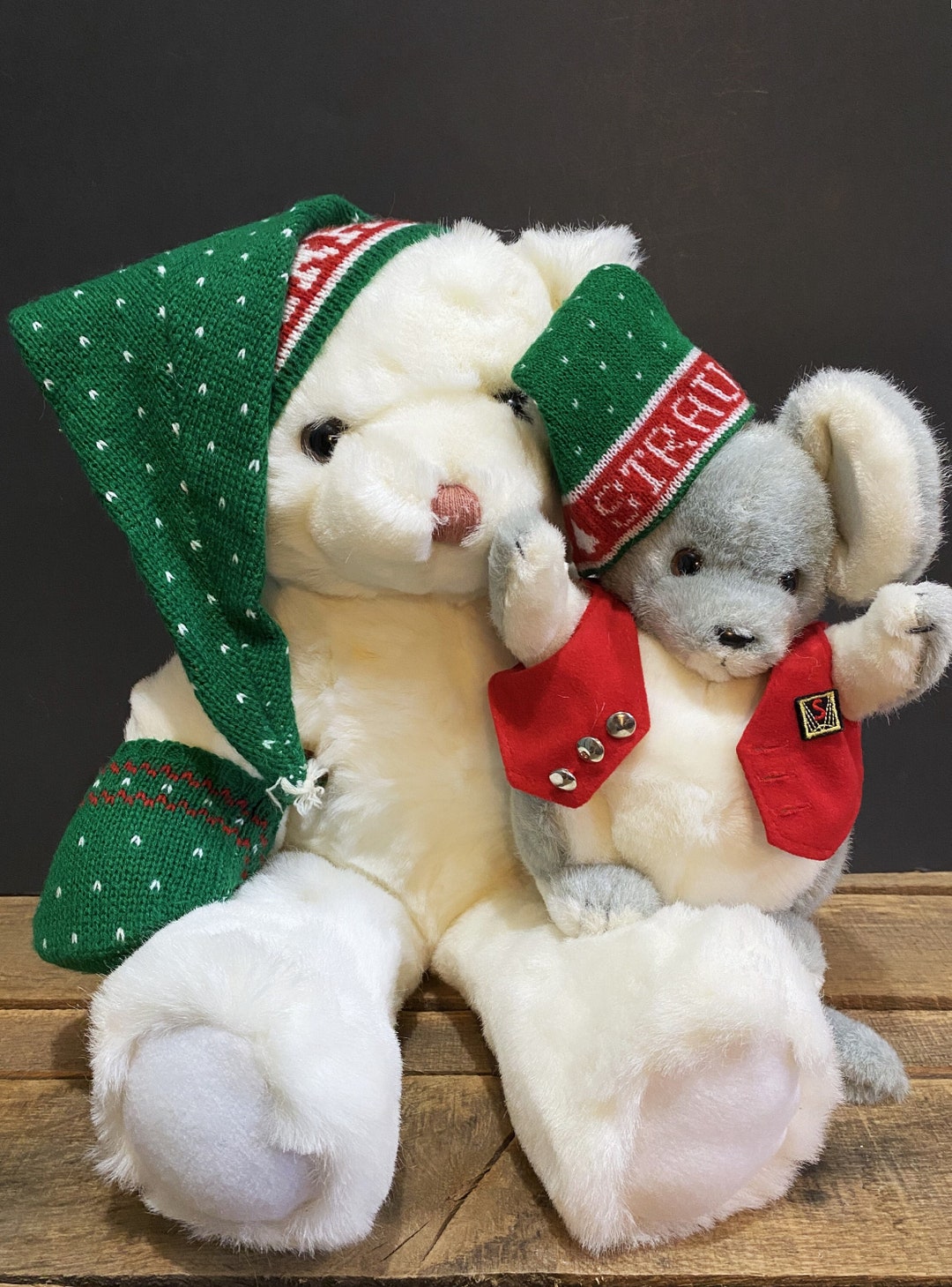 1987 Straus Christmas White Stuffed Animal Bear Mittens and Grey Mouse ...