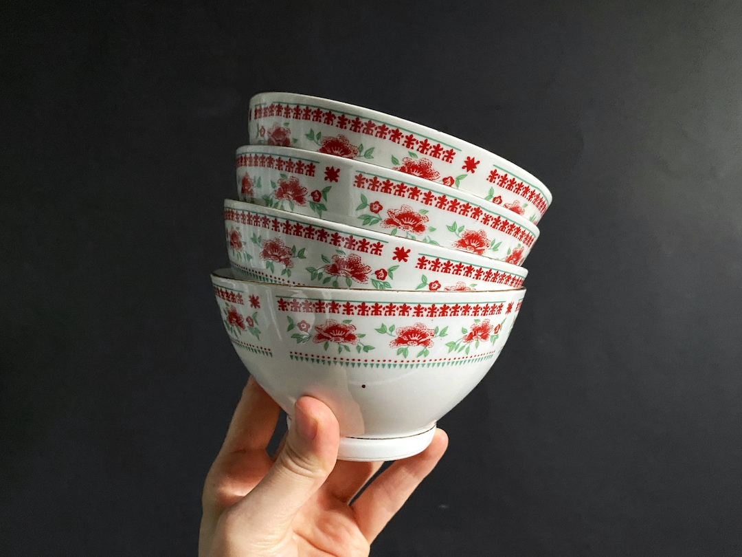 Set of 4 Vintage Porcelain Chinese Rice Bowls Gold Trim Red Floral ...