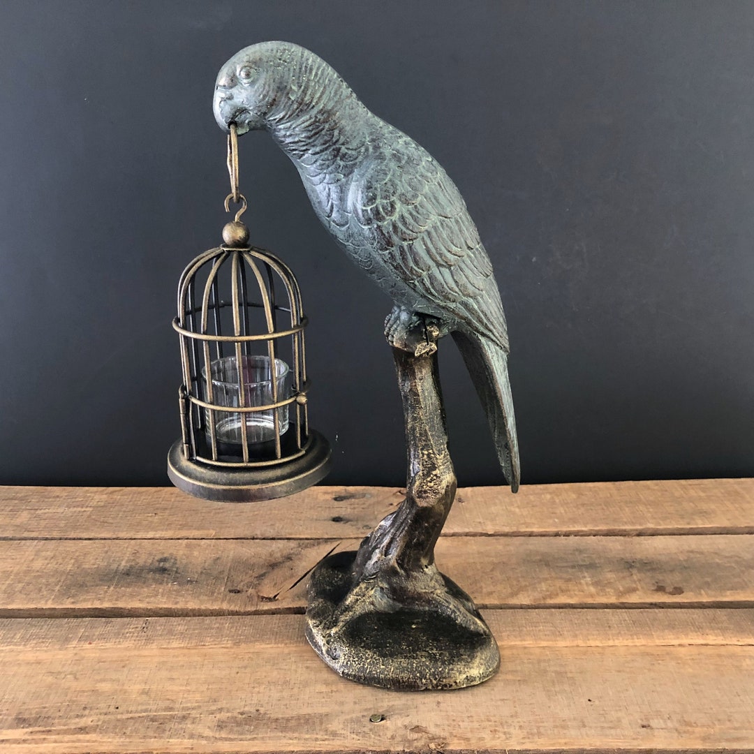 13-3/4" Heavy Aluminum Bronze Style Garden Parrot Candle Holder Lantern ...
