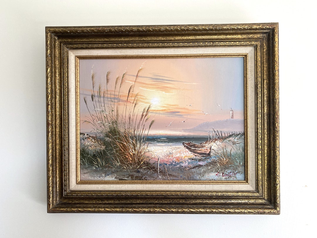 Framed Nautical Canvas Oil Painting of Ocean Sunrise Lighthouse Boat by ...