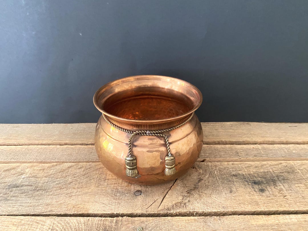 4" Vintage Hammered Style Lacquered Brass Copper Pot Planter With Brass ...