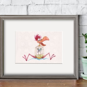 Alice in Wonderland Birdcage Bird Hi-res, Watercolor Print, 5"x7" (with ...