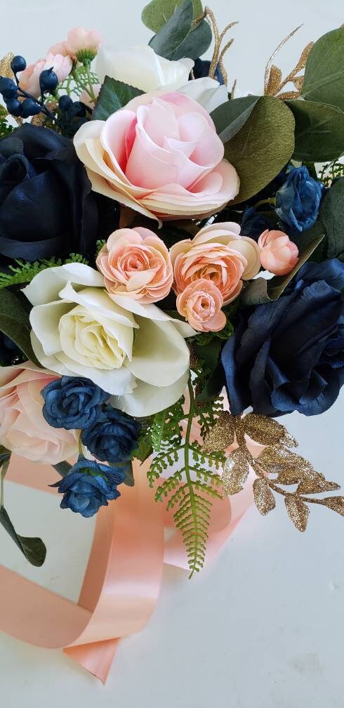 Navy and Blush Bridal Bouquet Navy and Gold Wedding Ballet | Etsy