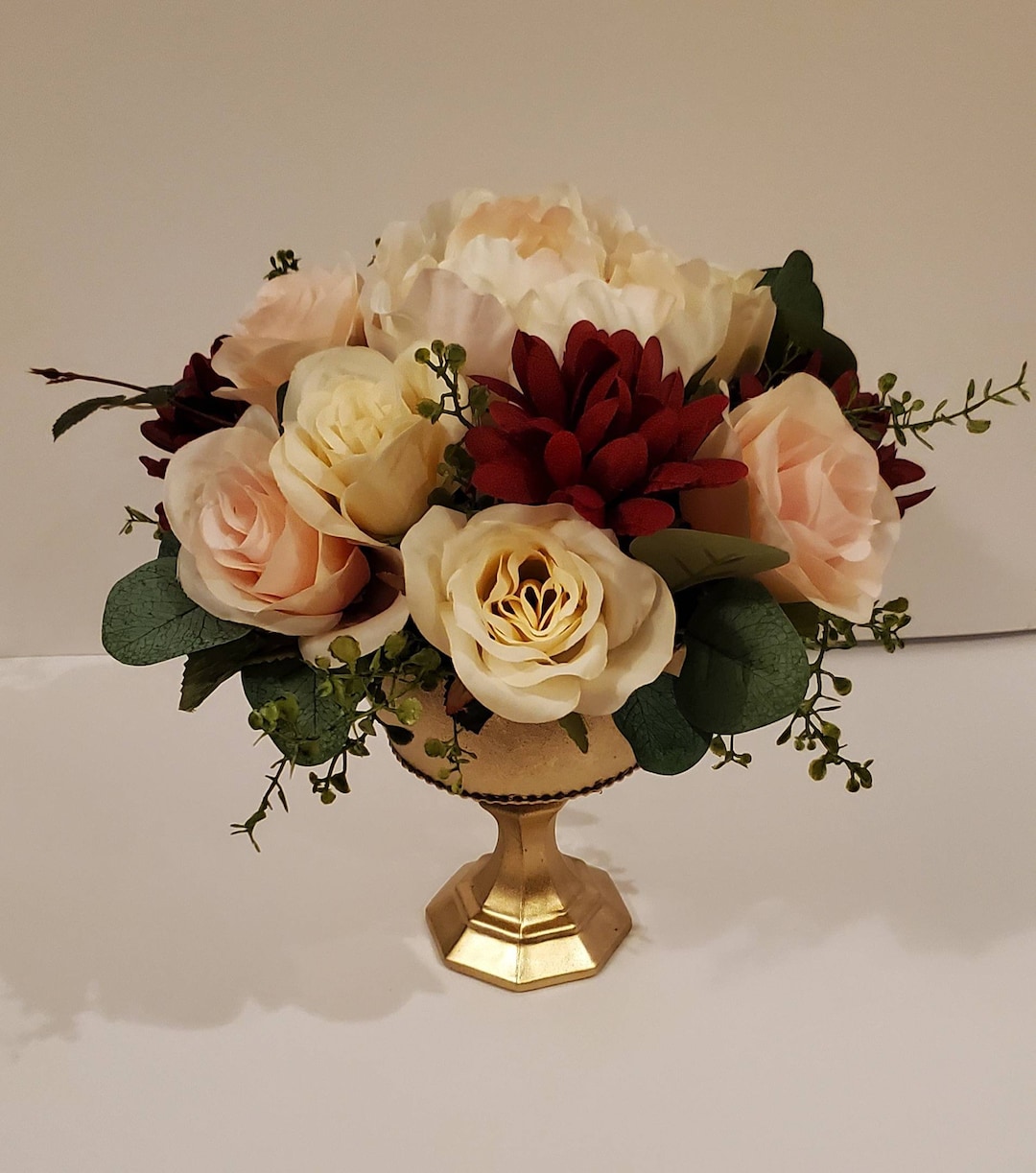 Gold Compote Centerpiece, Burgundy Blush and Ivory Floral Decor, Mums ...