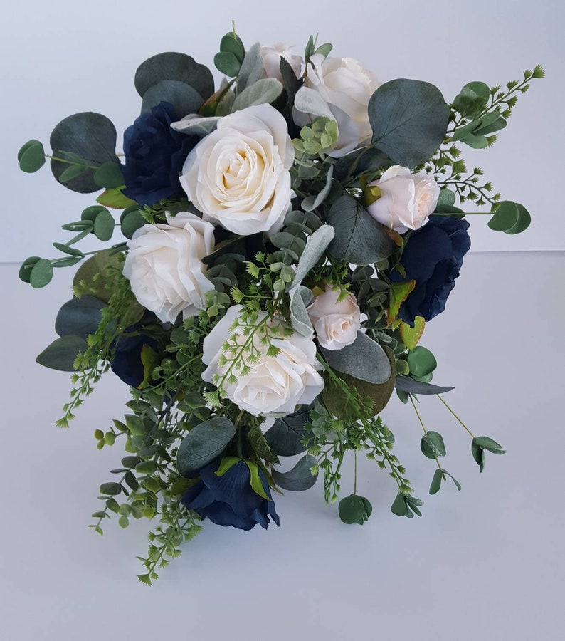 Navy Blue and Ivory Rose Bridal Bouquet Boho Greenery | Etsy
