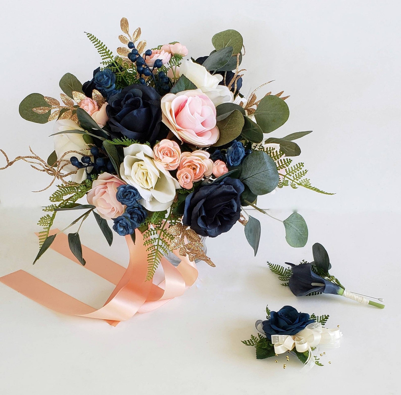 Navy and Blush Bridal Bouquet Navy and Gold Wedding Ballet | Etsy
