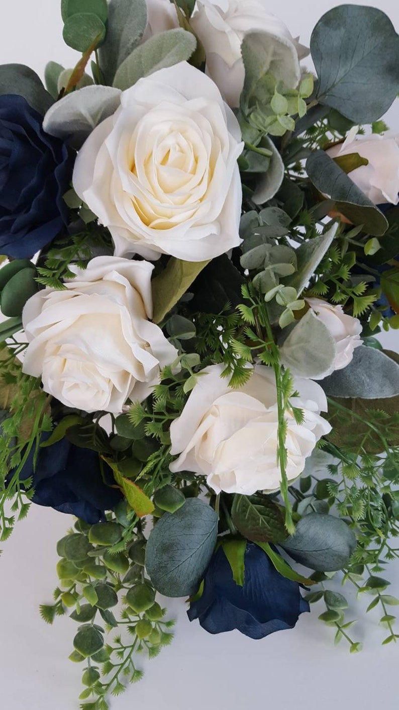 Navy Blue and Ivory Rose Bridal Bouquet Boho Greenery | Etsy