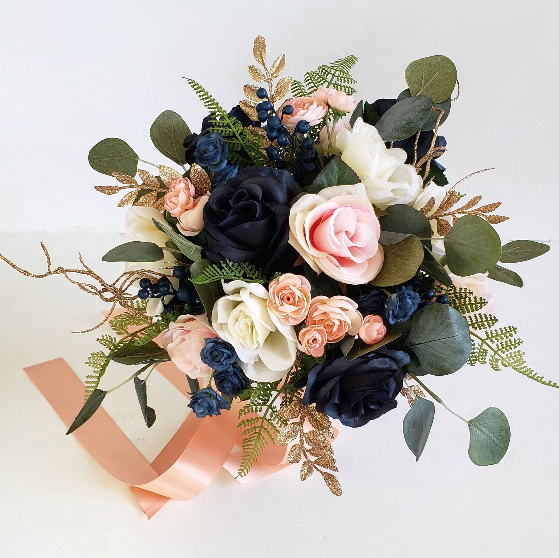 Navy and Blush Bridal Bouquet Navy and Gold Wedding Ballet | Etsy