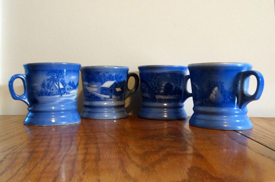 Set of 4 Denim-blue Currier and Ives Winter-themed Mugs, Gold Rim - Etsy