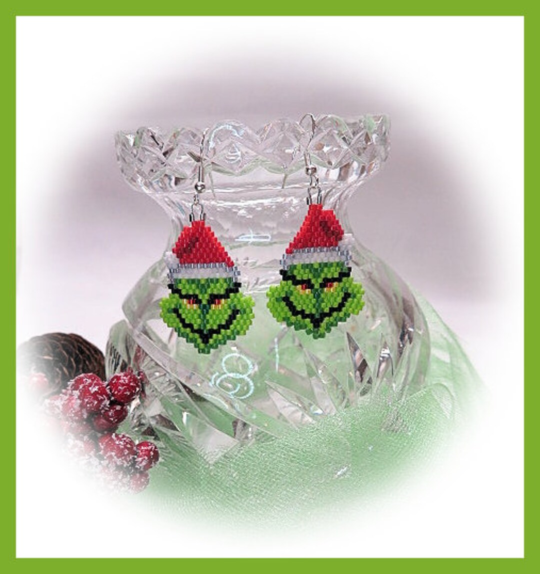 Grinch Beaded Earrings, Grinch Christmas, Christmas Earrings, Beaded ...