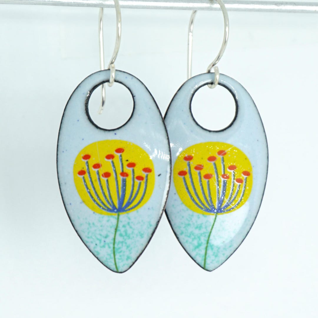 Yellow and Blue Dandelions on Light Blue Teardrop Earrings - Enamel ...