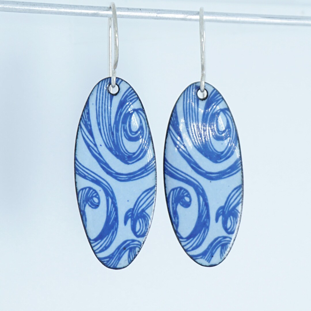 Blue Swirls on Light Periwinkle Enamel Oval Earrings - Enamel Jewelry ...