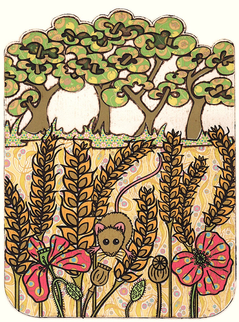 Harvest Mouse Postcard A5 Field Mouse Wheat Poppies Trees - Etsy