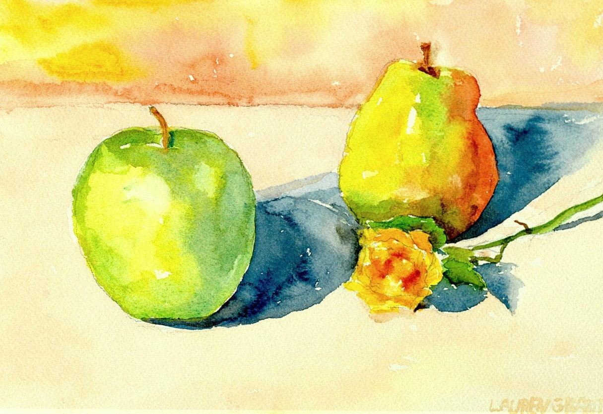 Pintura de frutas Bodegón acuarela original, pera y manzana en papel ...