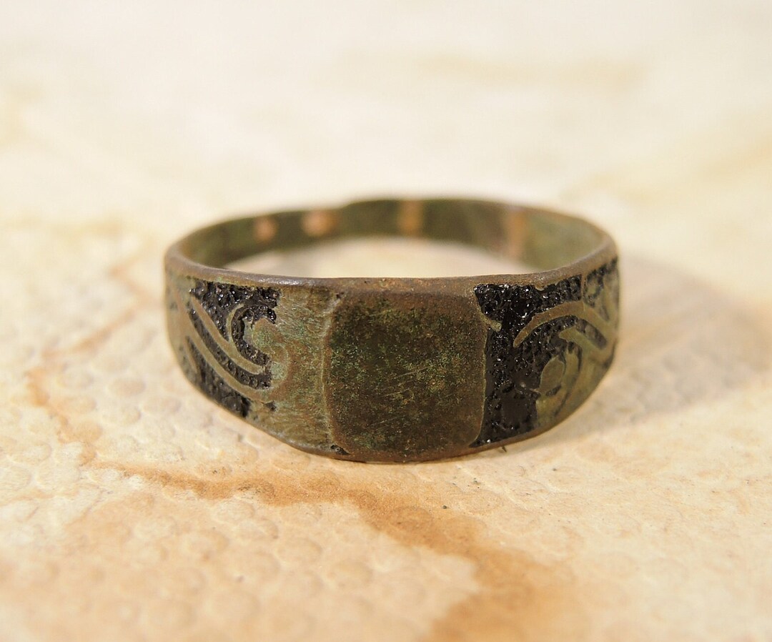 Antique Brass or Bronze Signet Ring With Black Enamel Ancient Primitive ...