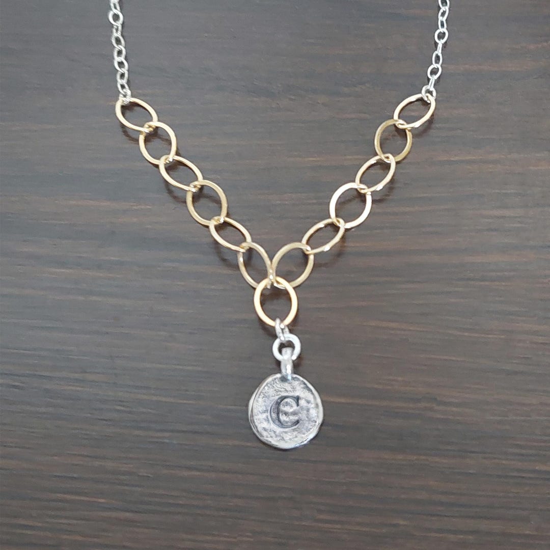 Mixed Metal C Letter Coin Necklace With Large Link Gold Filled Chain ...