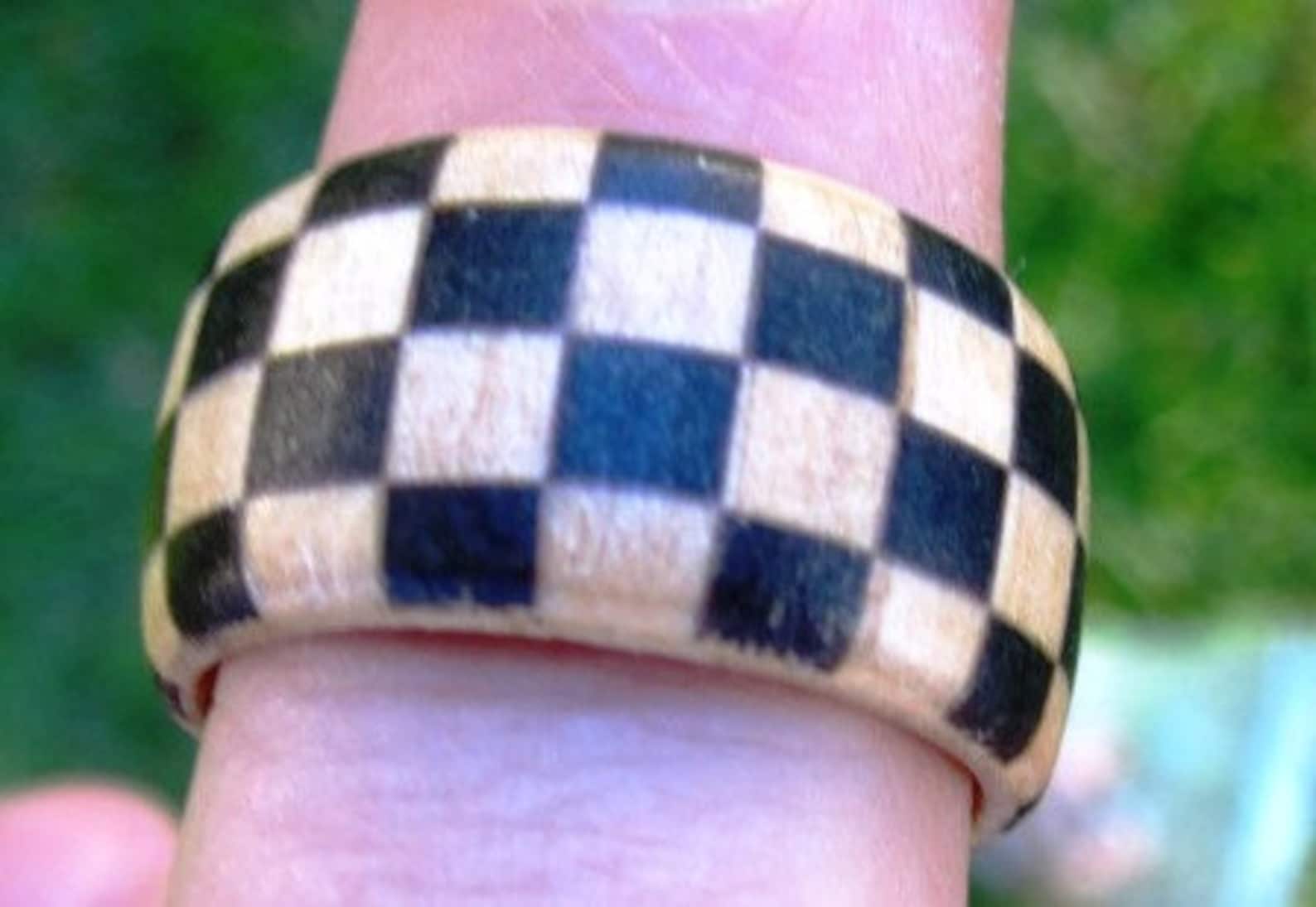 Checkerboard wood finger ring | Etsy