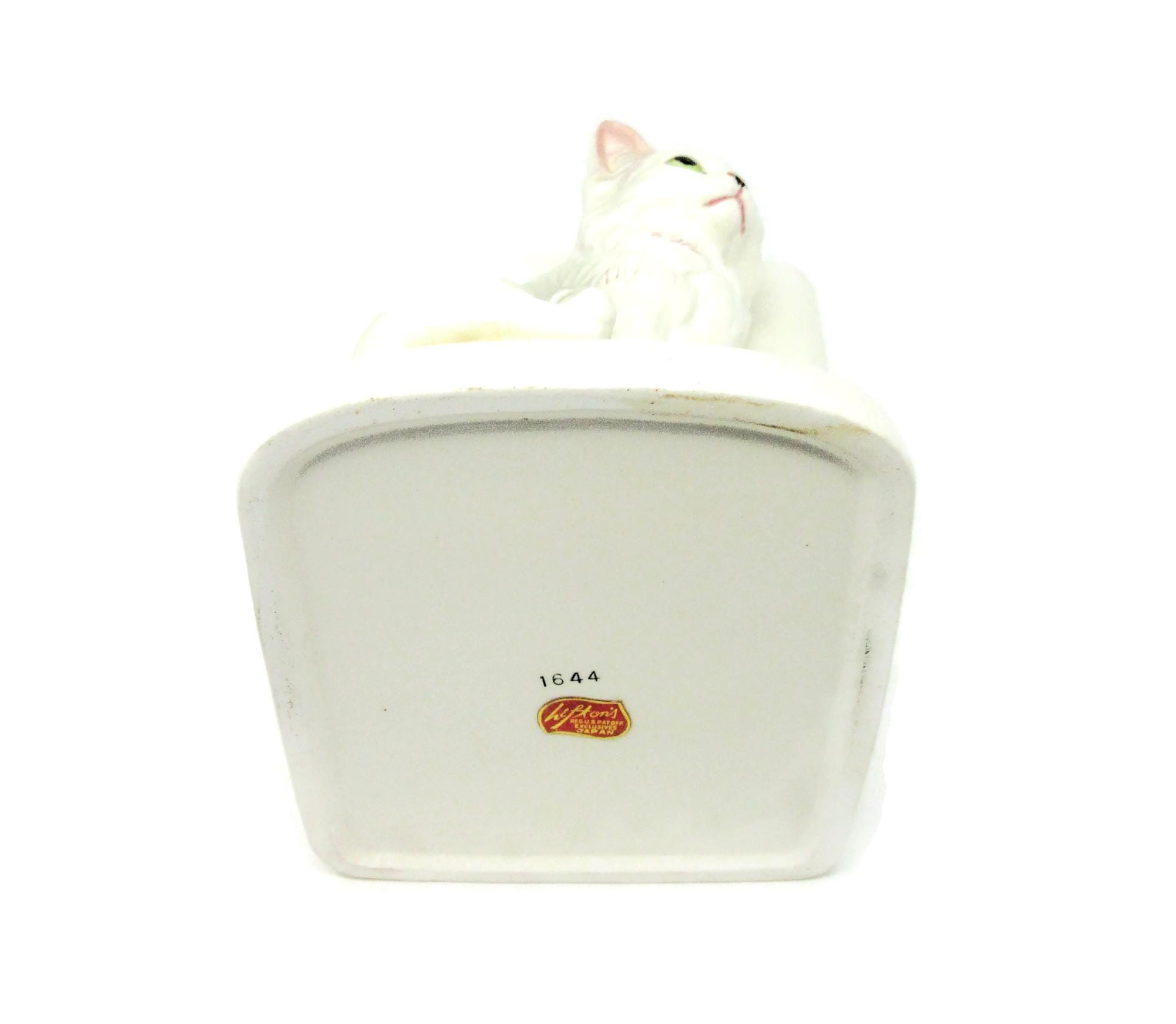 Vintage Porcelain Lefton Cat Planter, White Persian With Pink Ears and ...
