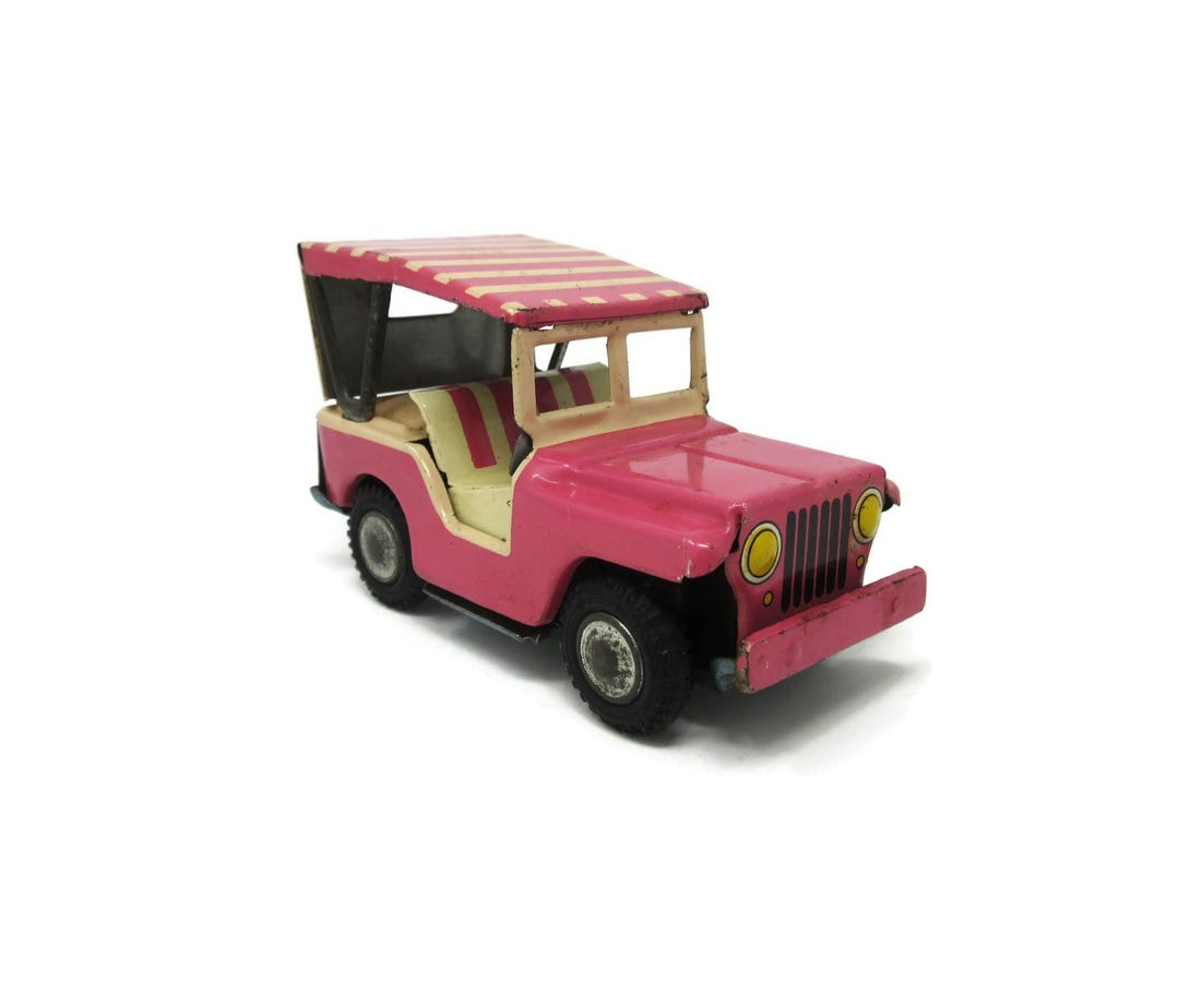 Vintage Tin Litho Pink Toy Friction Jeep Surrey With Striped Canopy ...