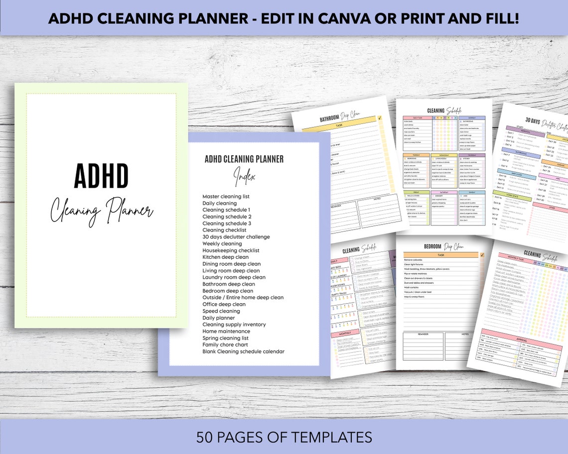 ADHD Planner, Editable in Canva, Printable ADHD Cleaning Checklist ...