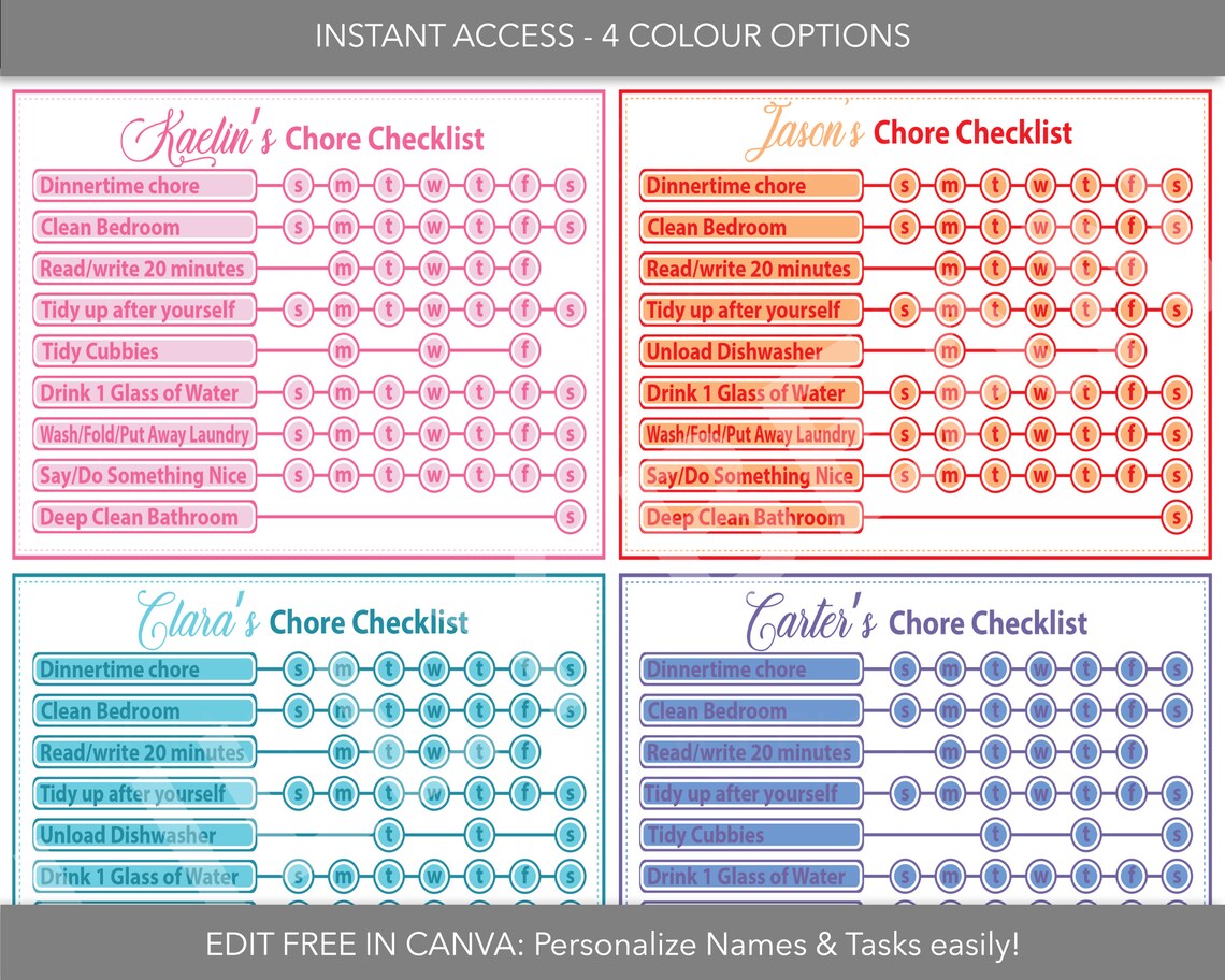 Custom Chore Chart for Kids, Printable Chore Chart Template, Family ...