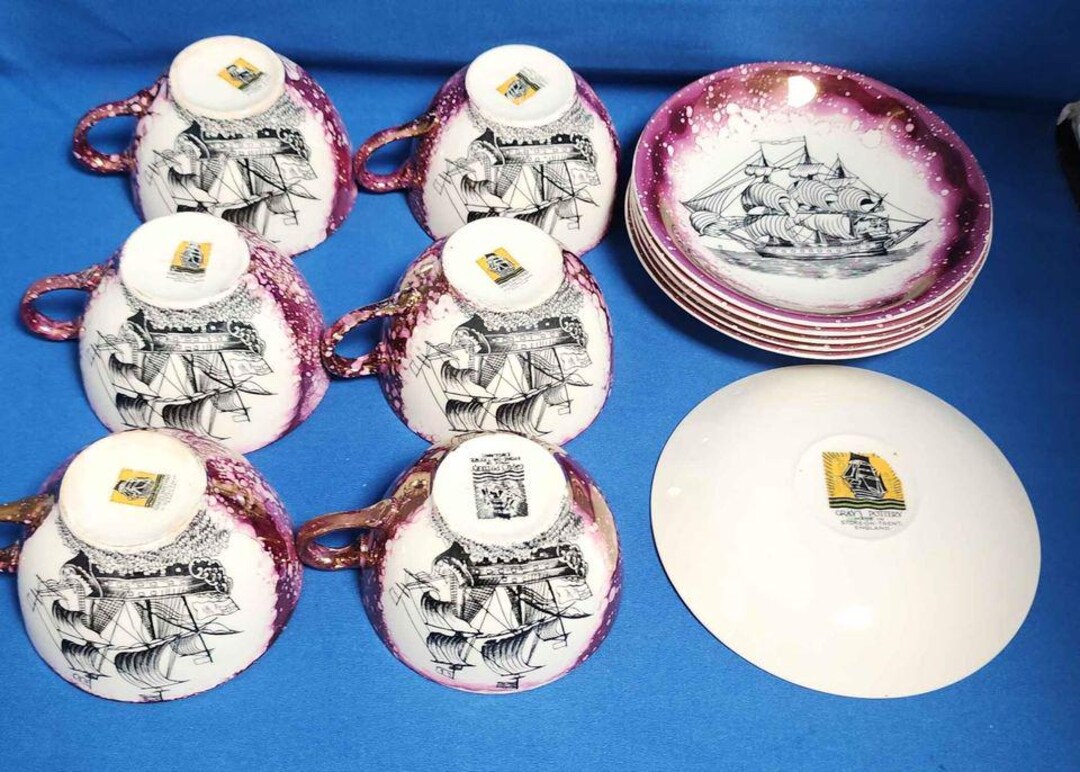 Gray's Pottery Nautical Sailing Ship Teacup and Saucer Set of 6 - Etsy