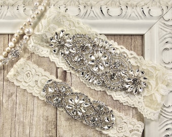 Rhinestone Bridal Garter Set Ivory Navy Blue Elastic Garters | Etsy