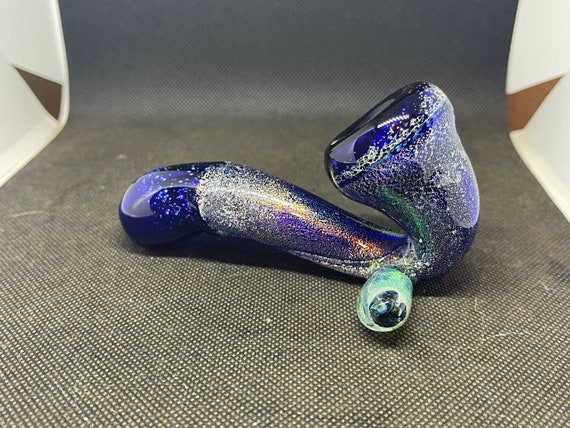 Blue American handblown tobacco Pyrex glass pipe with gold fume with ...