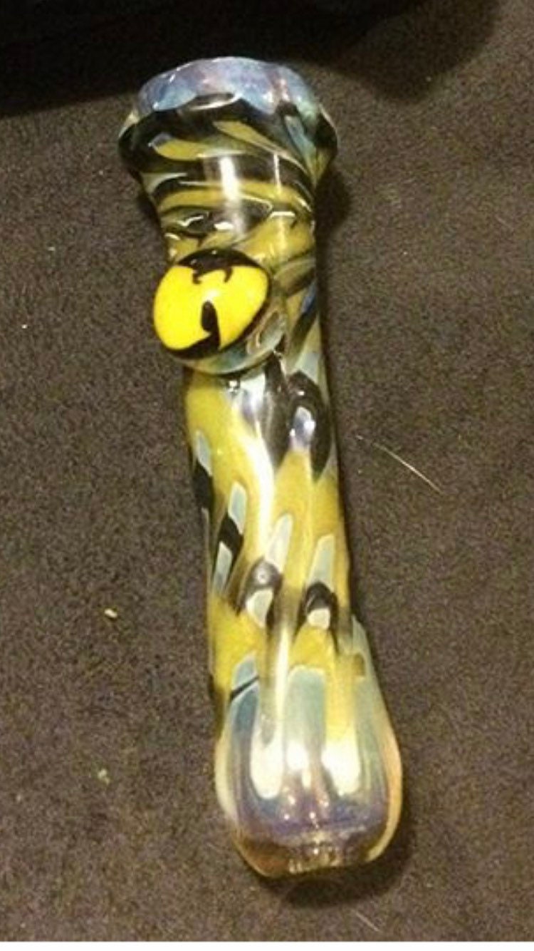 Blue American handblown tobacco Pyrex glass pipe with gold fume with ...