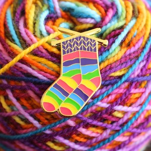 Sock Knitting Pin Enamel Pins Self Striping Yarn Hand Knit Toe up Cuff ...