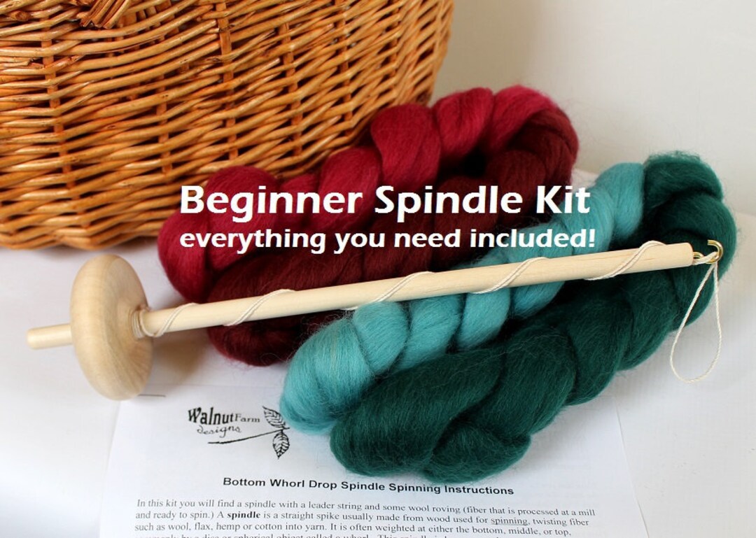 Bottom Whorl Drop Spindle Kit for Beginner Student W/ Fiber Wool Yarn ...