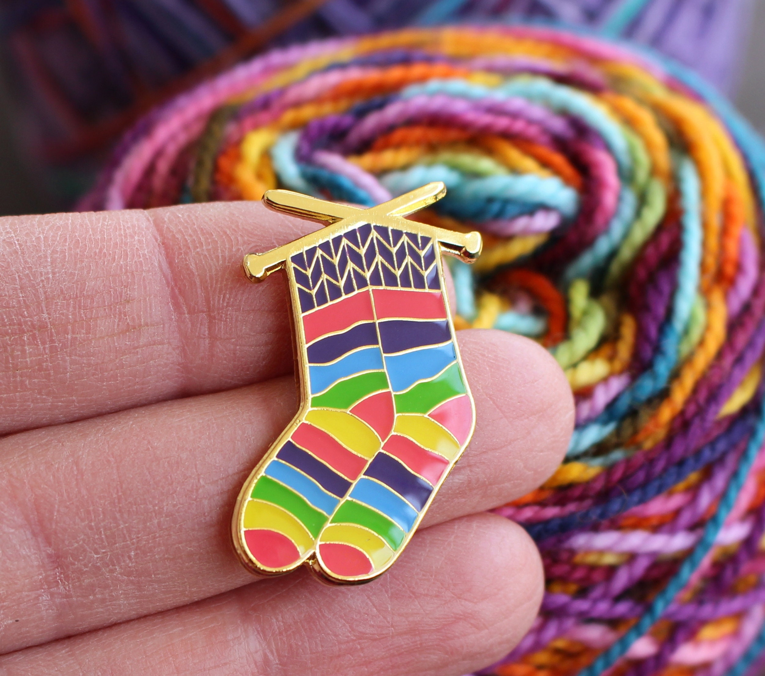 Sock Knitting Pin Enamel Pins Self Striping Yarn Hand Knit Toe up Cuff ...