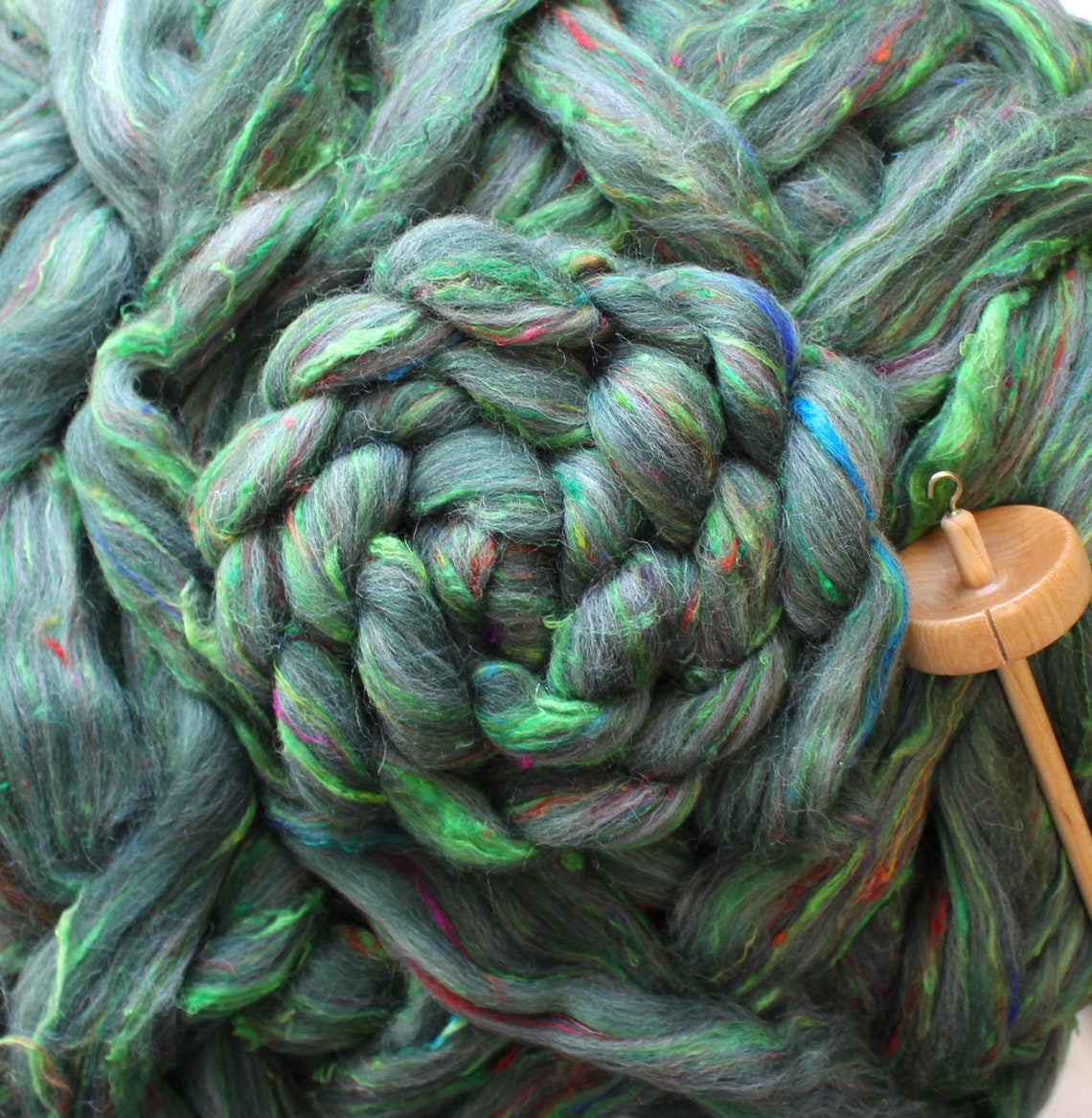Recycled Wool Sari Silk Wool Blend 'vintage Green' Wool Combed Top ...