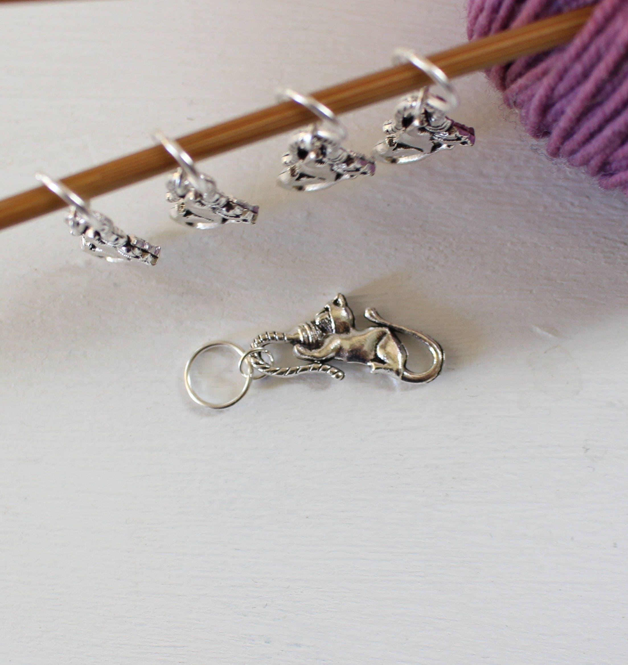 5 Stitch Marker Cat W/ Yarn Kitten Set of Silver Stitchmarker | Etsy