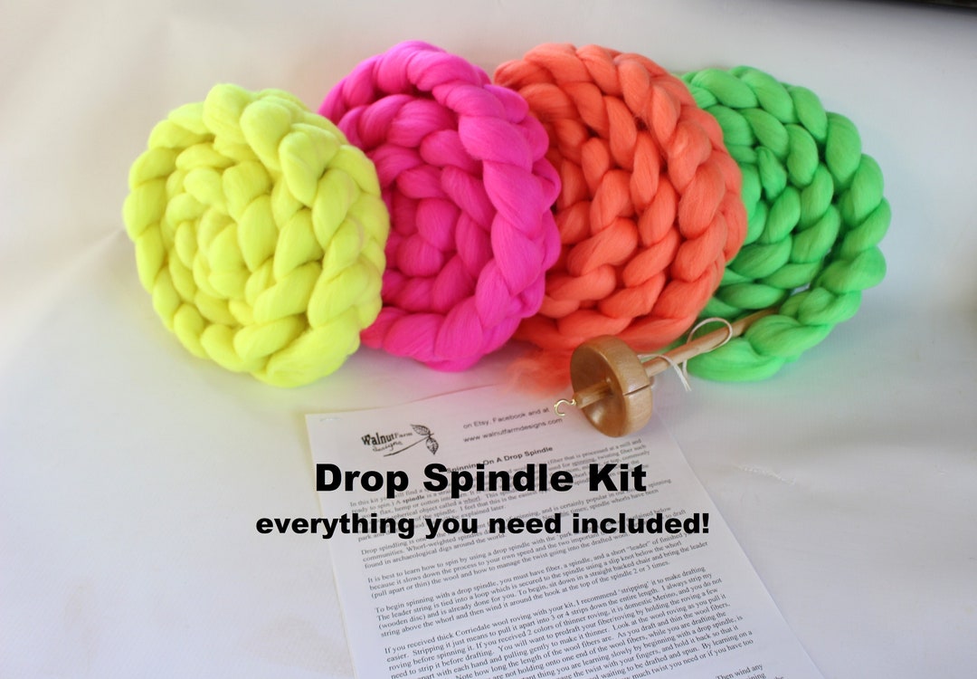 Neon Drop Spindle Kit for Beginner W/ Fiber Top Whorl Wool Yarn ...