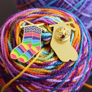 Sock Knitting Pin Enamel Pins Self Striping Yarn Hand Knit Toe up Cuff ...