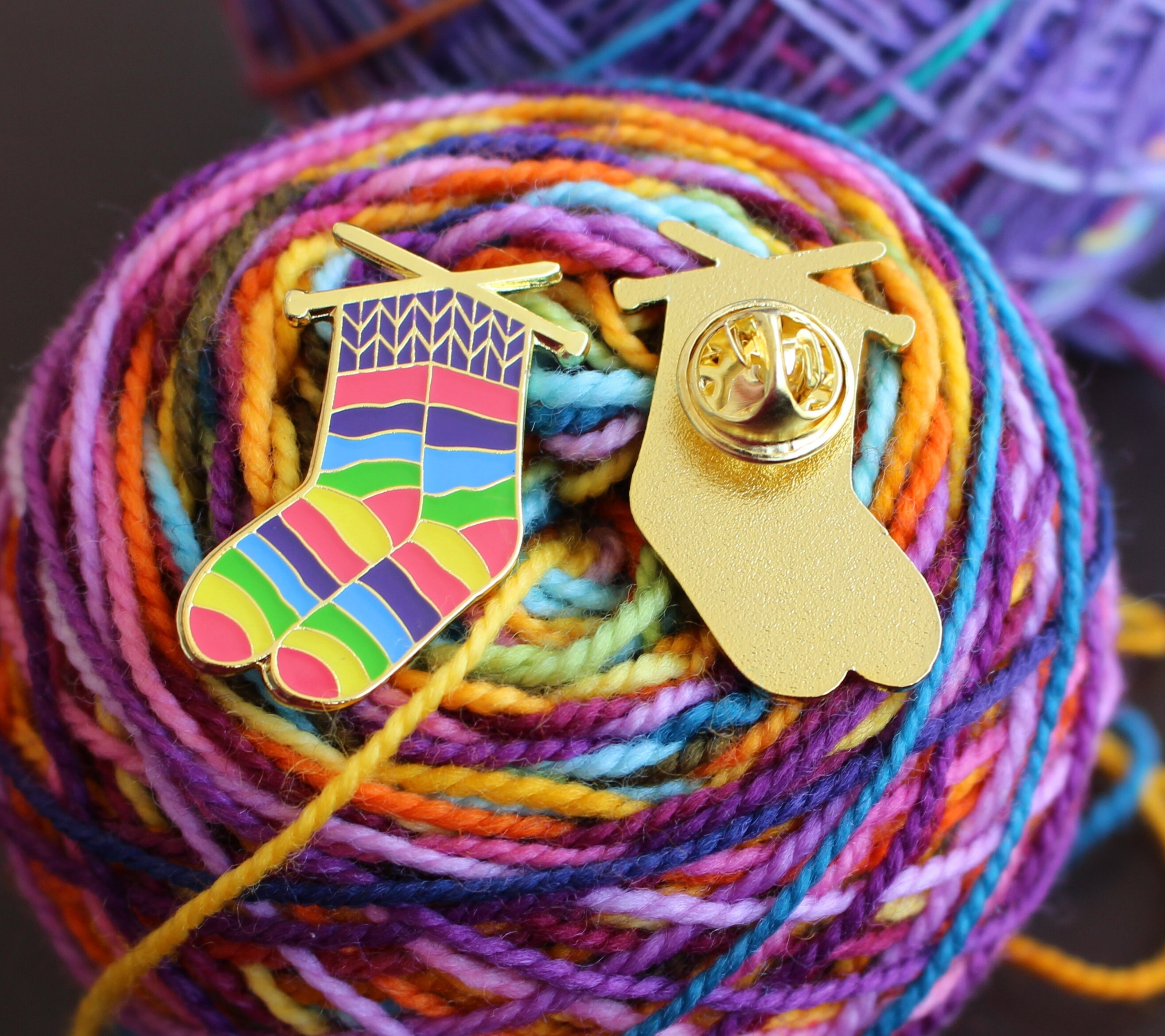 Sock Knitting Pin Enamel Pins Self Striping Yarn Hand Knit Toe up Cuff ...